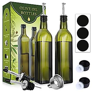 AOZITA [2 PACK] 17 oz Glass Olive Oil Dispenser Bottle Set - 500ml Dark Green Oil & Vinegar Cruet Bottle with Pourers, Funnel and Labels - Olive Oil Carafe Decanter for Kitchen