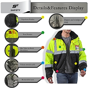 Reflective Hi Vis Winter Jacket, Safety Yellow Jackets for Men, High Visibility Work Construction Jackets