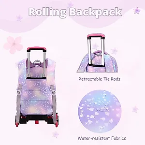 LANSHIYA Dream Princess Wind Rolling Backpack for Girls Wheeled Travel Bag Trolley School Bag Pink Six Wheels