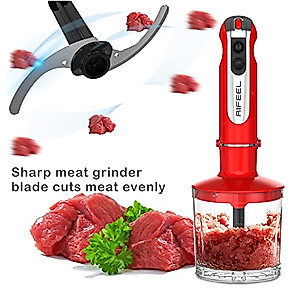 Immersion Hand Blender, Aifeel 5-in-1 Stick Blenderice blade,with Ice Crusher 500ml Food Grinder/Chopper, 600ml Container,Milk Frother,Egg Whisk,Puree Infant Food, Smoothies, Sauces and Soups(red)
