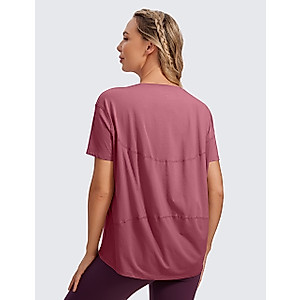CRZ YOGA Women's Pima Cotton Short Sleeve Shirts Boat Neck Loose Fit Gym Workout T-Shirt Athletic Casual Tops Misty Merlot X-Large