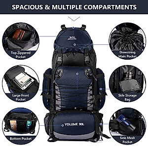 Waterproof Hiking Backpack 90L, Camping Backpack with Rain Cover, High Performance Hiking Mountaineering Backpack (deep blue)