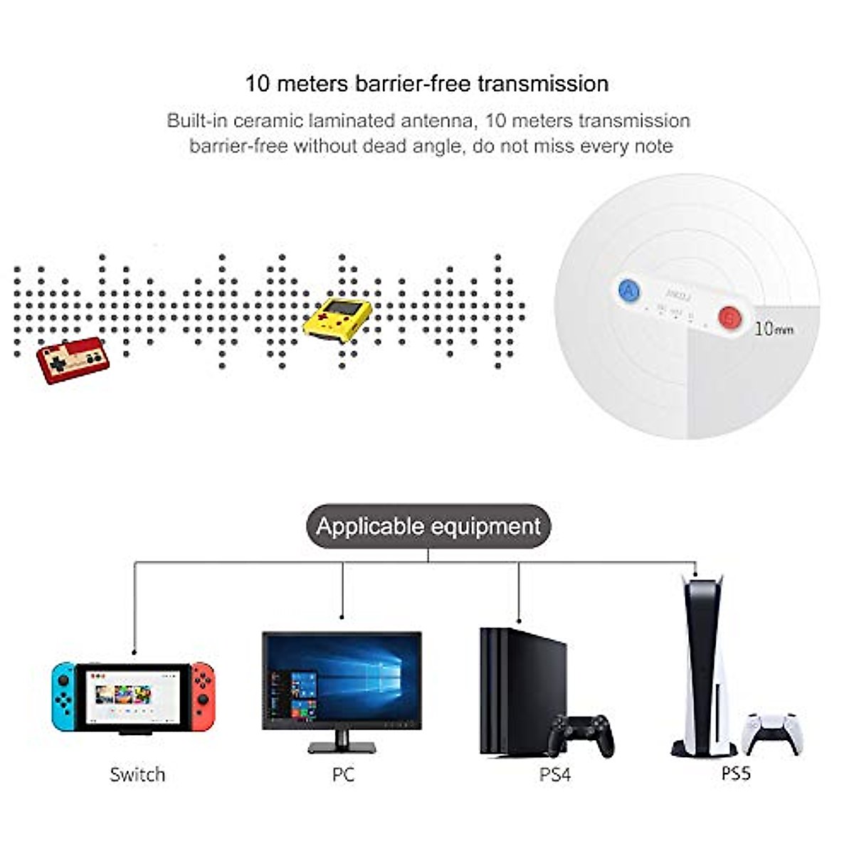 DRILI Bluetooth Adapter for Switch/Lite, Equipped with 3.5mm MIC, Support Dual Connections, Compatible with Switch/Lite, PS4, PC, Laptops