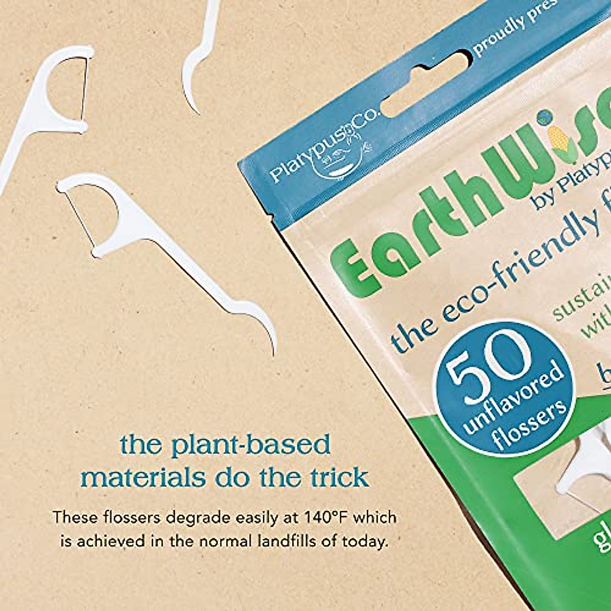 Earthwise Natural Biodegradable Dental Flossers - 50 ct (3 Pack) - Eco-Friendly, Vegan, Sustainable, Compostable, Unflavored, Shred Resistant, Zero Waste Floss Picks - Made with Plant Based Materials