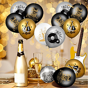 50Pcs Rock and Roll Music Balloons Black Gold Hip Hop Party Decorations Balloons Retro Guitar Music Themed Latex Balloon for Men Women Rock 80's 90's Birthday Rock Star Disco Party Supplies