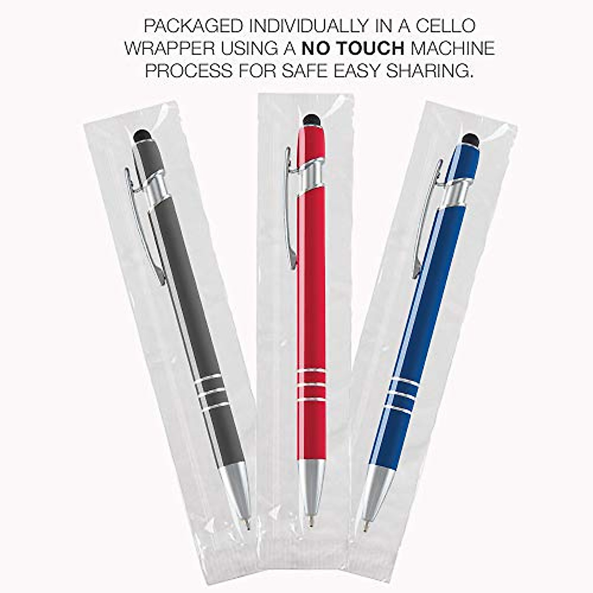 25 Cello-Wrapped Soft Touch Ballpoint Pens With Stylus - Stylus Tip Works with All Touchscreen Devices. Individually Packaged in Cello Wrap