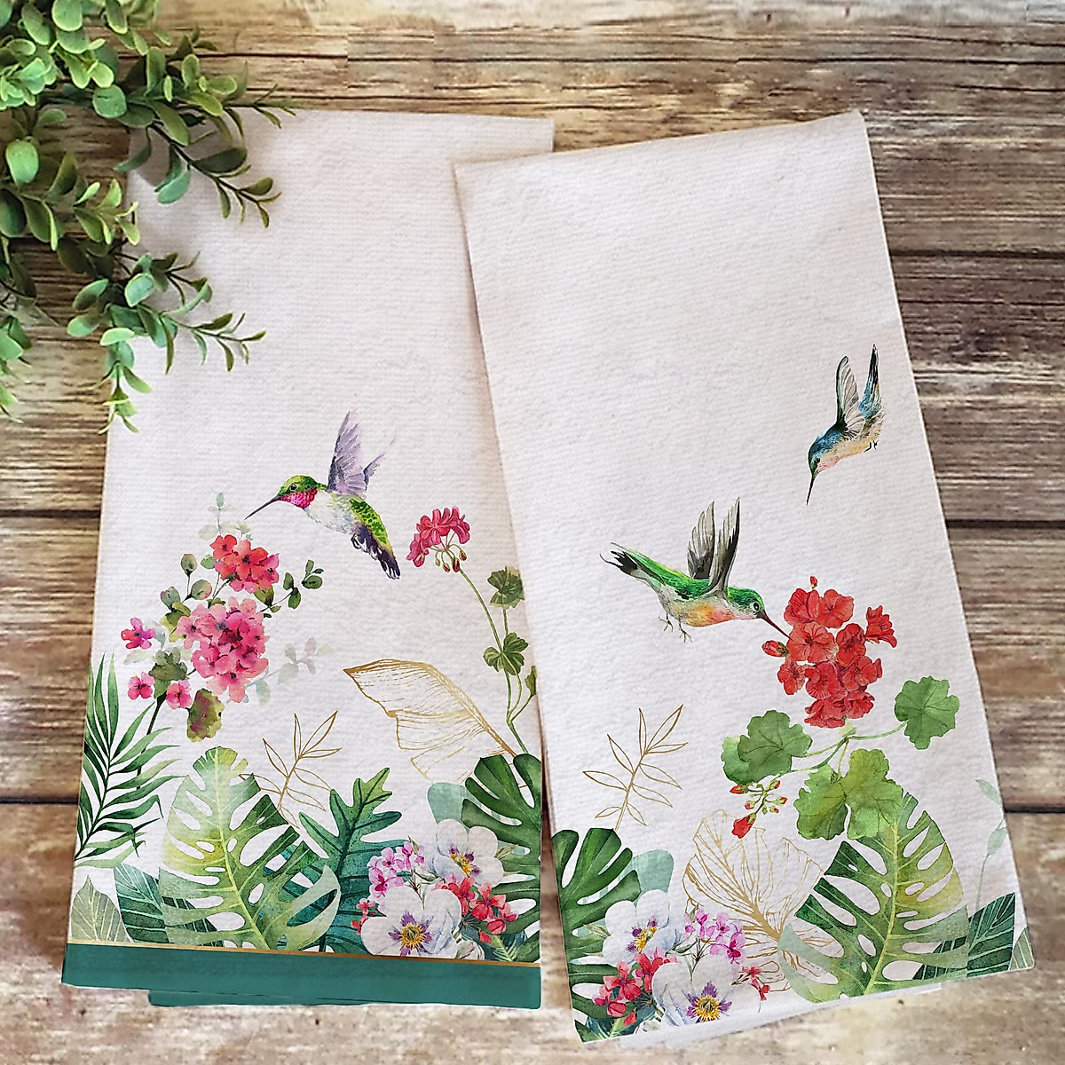 Seliem Summer Hummingbird Geranium Flower Bird Kitchen Dish Towel 2 Pack, Tropical Palm Leaf Monstera Plant Floral Hand Drying Baking Cloth, Spring Botanical Greenery Green Decor Home Decoration 18x26