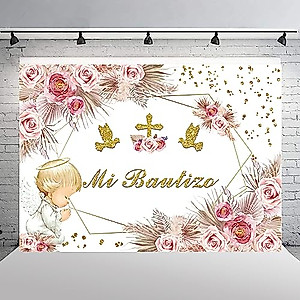 7x5ft Mi Bautizo Backdrop for Girl Baptism Gold Bless Background Boho Pink Flower Golden Dots Photography Baby Shower Banner Party Decorations Floral Newborn Photo Booth Props Supplies