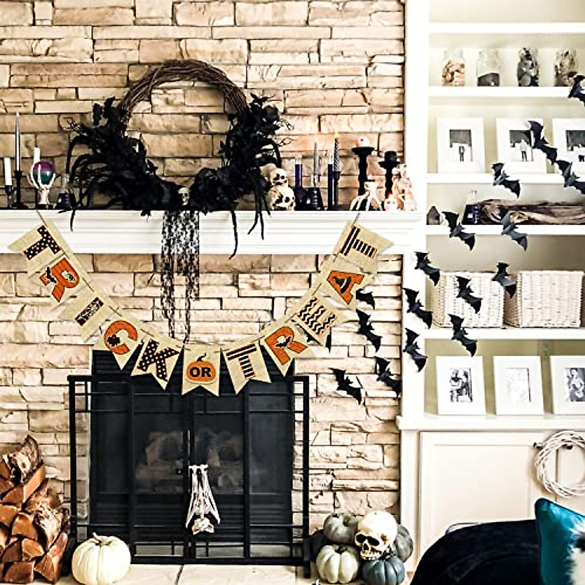 AVOIN Trick or Treat Banner No DIY Required Chevron Polka Dot Spider Web Bat Pumpkin Witch Hat, Rustic Pennant Decoration for Halloween Party Doorway Mantels Wall