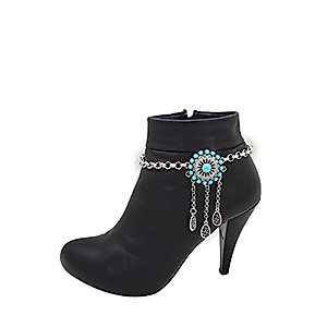 Women Western Fashion Jewelry Boot Bracelet Silver Metal Chain Shoe Anklet Turquoise Blue Beads Flower