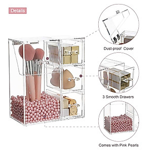 HOSEN Acrylic Makeup Organizer and Brush Holder With Lid Make up Organizer With Pearls Cosmetics Organizer Makeup Brushes Holder With 3 Drawers