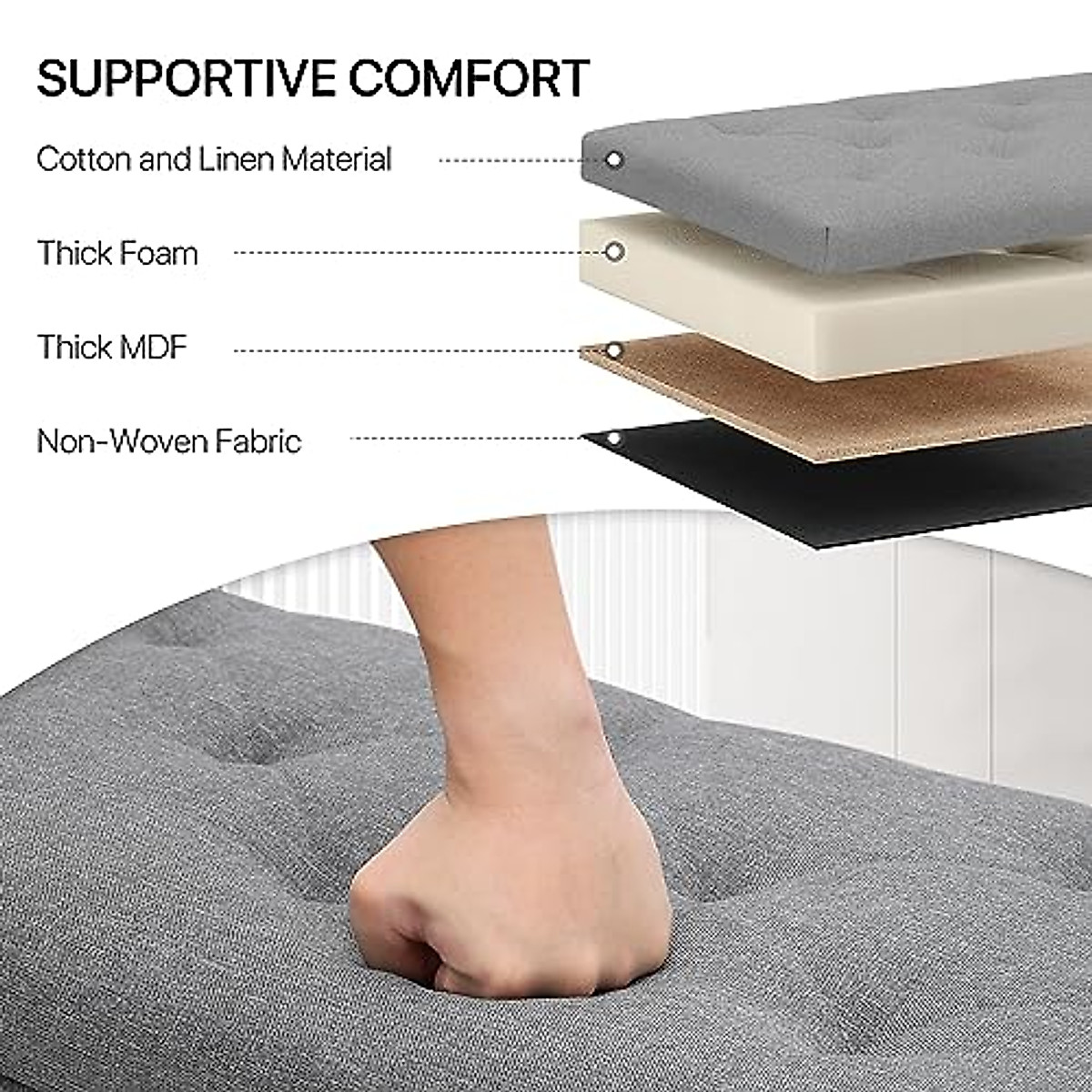 MoNiBloom 42 Inch Long Storage Ottoman for Bedroom, Contemporary Grey Linen Tufted Bench Footrest Foot Stool Upholstered Rectangular Ottoman with 40L Inner Space, 660 Lbs Capacity