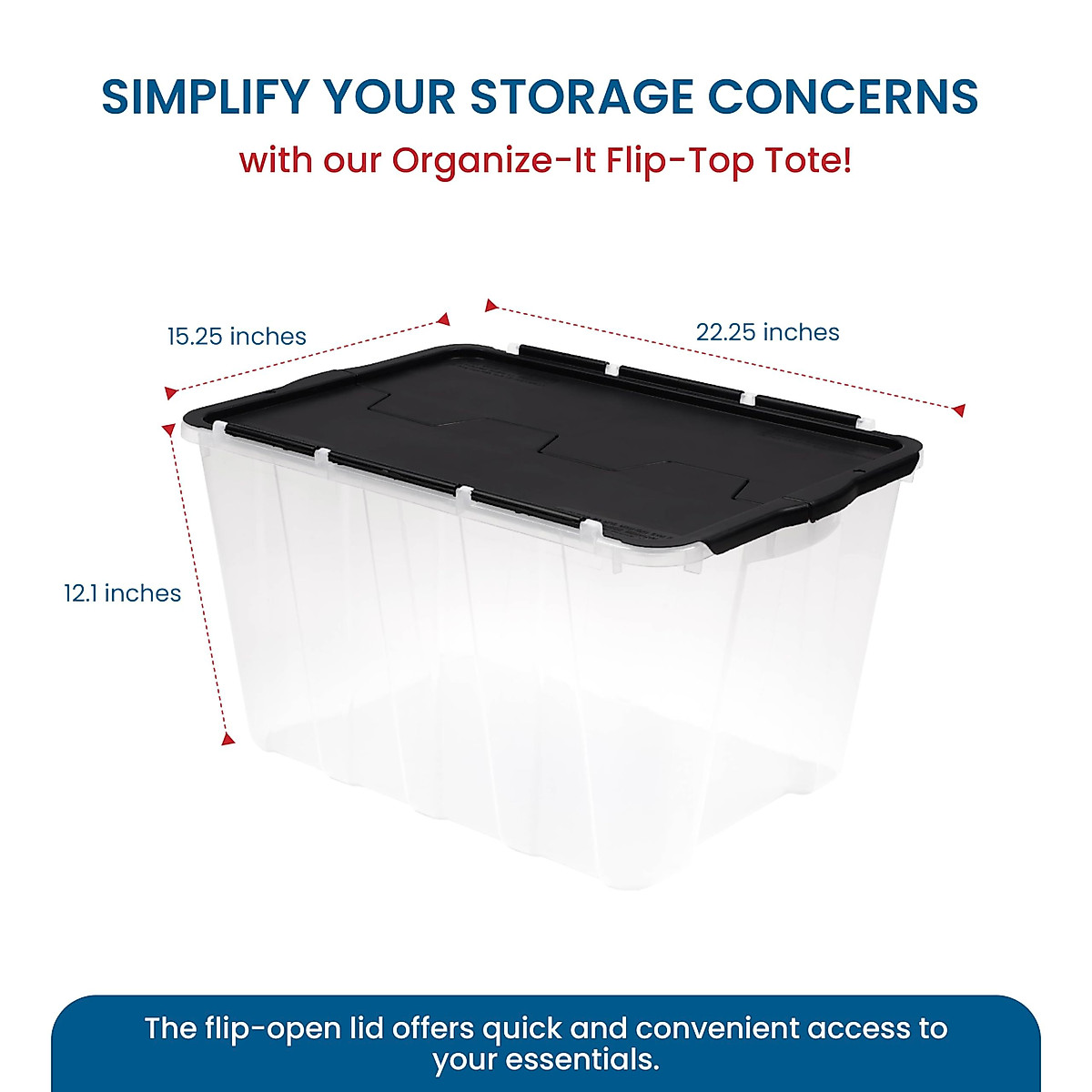 Organize-It!- 8 Pack Flip-Top Tote, 13 Gal., Storage Tote with a Clear Base, Bags for Small Item Storage, 22.25’’ L x 15.25’’ W x 12.1’’ H, Clear/Black