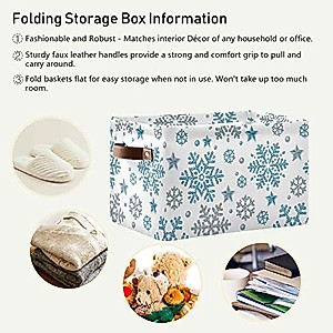Christmas Snowflake Storage Basket,Blue White Snowflakes Large Storage Bin Fabric Collapsible Organizer Bag with Handles 15x11x9.5 inch