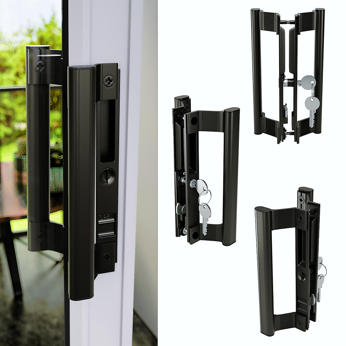 T-HAKEN Sliding Glass Door Replacement with Handles on Both Sides, 6-5/8 Black - Patio Door Handle Set That is 1 in. to 1-1/8 in. Thick Used on Both Left and Right-Handed. (Keyed)