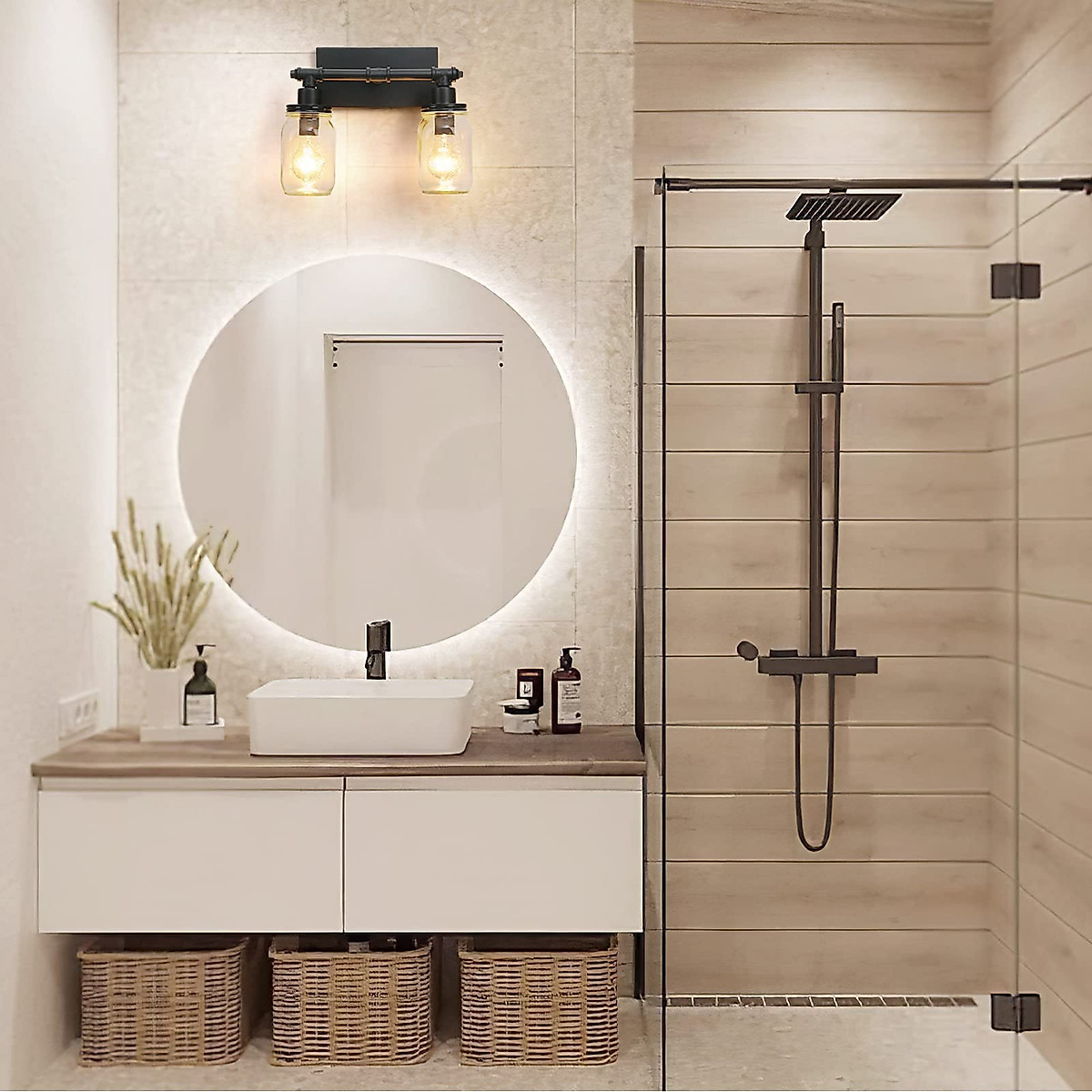 Black Vanity Light Fixtures 2-Light Mason Jar Wall Lamp Farmhouse Wall Sconces, Plug in Pendant Lighting with Cord 2 Pack Black Hanging Lamp with Plug in Cord 15.8ft and Dimmer Switch Bundled Goods