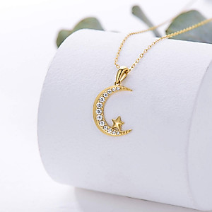 SISGEM 14k Gold Diamond Moon Pendant Necklace for Women, Real Gold Moon and Star Jewelry Anniversary Present for Wife, Gifts for Her, (0.18 ct) 16-18 Inch