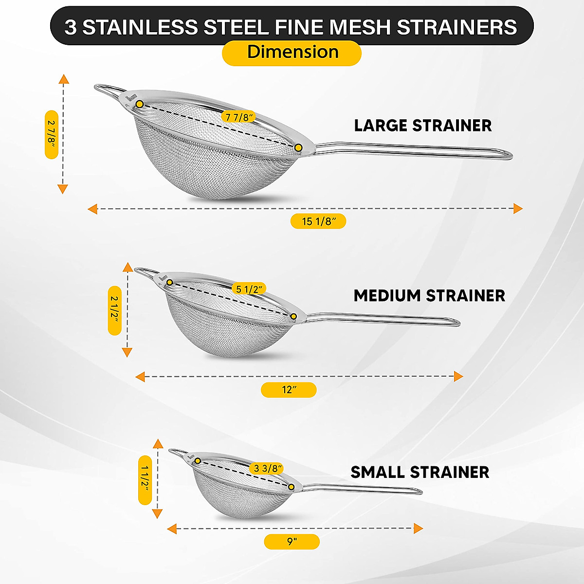 Makerstep Set of 3 Stainless Steel Fine Mesh Strainers Graduated Sizes 3.38", 5.5", 7.87" Strainer Wire Sieve Sifter with Sturdy Handle for Kitchen Gadgets Tools - New Home Kitchen Essentials