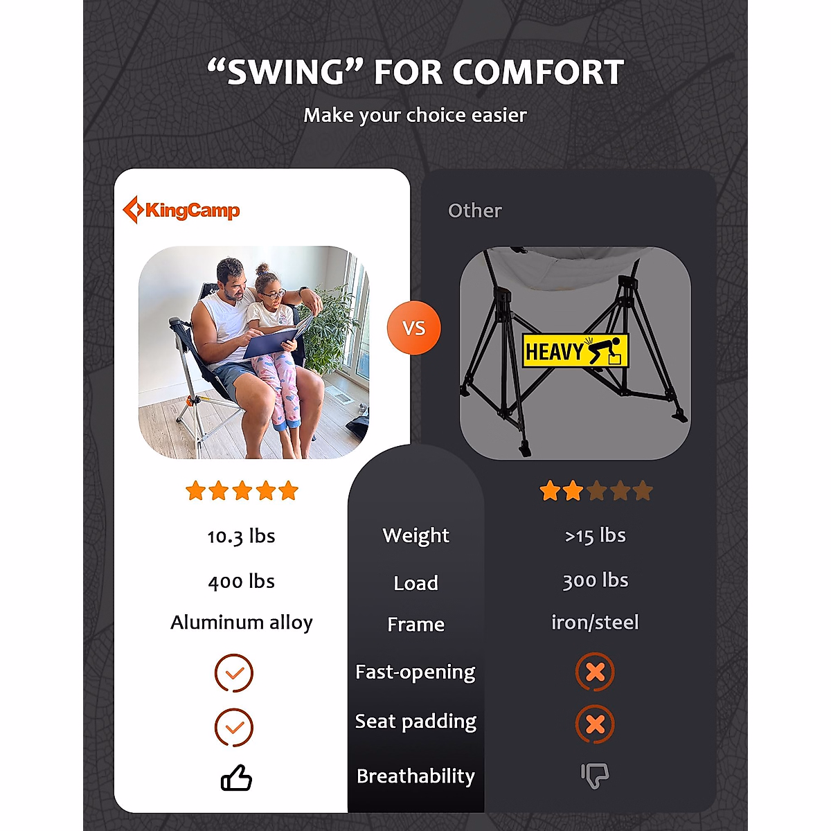 KingCamp 2 Pack Hammock Camp Chair, Oversized Aluminum Alloy Swing Camp Chair, Rocking Camp Chairs with Pillow Cup Holder for Adults Outdoor Travel Sports Game Lawn Concerts Garden (Cyan/Grey)