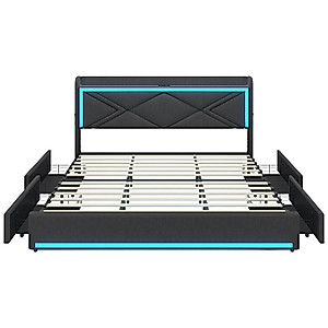 HAUOMS King Size LED Bed Frame with Storage Headboard and Charging Station, Upholstered King Platform Bed Frame with 4 Drawers, Upgraded 2-Row Support Bars, Noise Free, Dark Grey