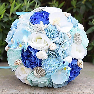 Wedding Bridal Bouquet Home Beach Seashell Wedding Bouquet Silk Roses Wedding Flowers Holding Tossing Flower Bride Rose Flowers Hydrangea Garden Bouquets Blue Beach Bouquet Starfish Bridal Bouquet