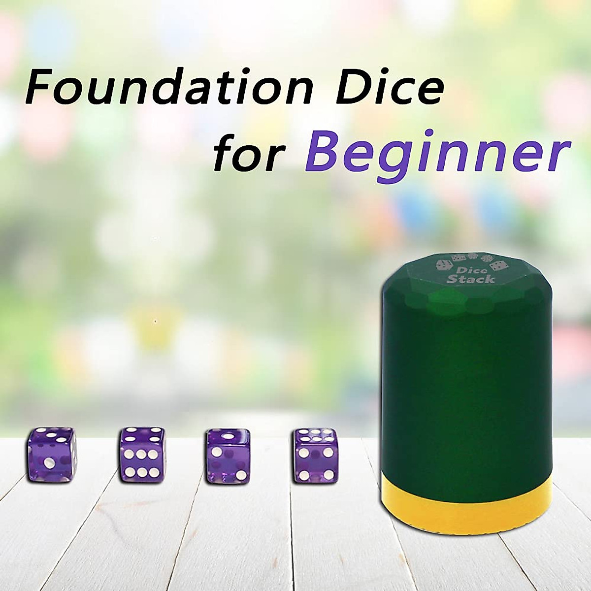 Dice Stacking Cup(Green) Set with 4 Pcs 19mm(Puple) and 5 Pcs 18mm(Red) Standard 6 Sided Dices, with Storage Bag-Magic Tricks Instruction