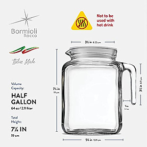 Bormioli Rocco Hermetic Seal Glass Pitcher With Lid and Spout [68 Ounce] Great for Homemade Juice & Cold Tea or for Glass Milk Bottles