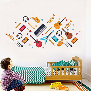 Music Instruments Decor Wall Decals for School Classroom,Guitar Drum Oboe Bass Decor Wall Stickers for Kids Room, Remove Vinyl Wallpaper Mural for Nursery