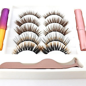 6D Magnetic Eyelashes Brown, Black and Brown Magnetic Eyeliner, 5 False Eyelashes, Set of Tweezers(5 pairs, Brown)