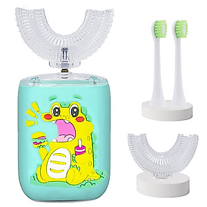 BLEBLE Kids Toothbrush Electric, Ultrasonic U Shaped Automatic Toothbrush with 4 Brush Heads 6 Cleaning Modes, IPX7 Waterproof Toothbrush Suitable for 2-12 Year-Old Children (Yellow)
