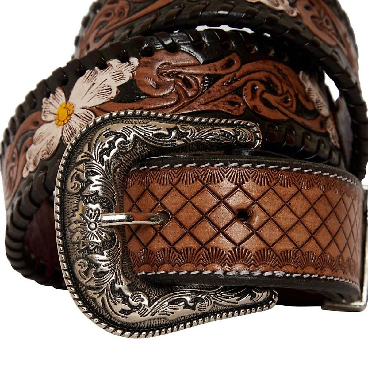 Myra Bag Checkered Brown Hand-Tooled Leather Belt S-4059, Medium