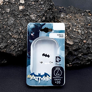 DC Comics Officially Licensed Unisex Batman Logo and Cleaz CZ Nose Bone Body Piercing Jewelry-20 gauge (3 piece set), Silver/Black, One Size