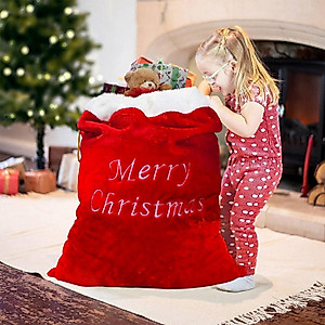 Luxury Oversized Velvet Santa's Gift Sack 3D Plush Faux Fur Cuff with Cord Drawstring – 34" Tall x 24" Wide