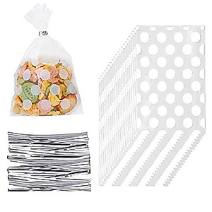 200 Pack White Candy Bags with twist ties, 8.1 x 5 x 1.8 inch Clear Plastic Treat Bags for Cookie Candy Wrapping Wedding Party Favor (8.1X5, White)