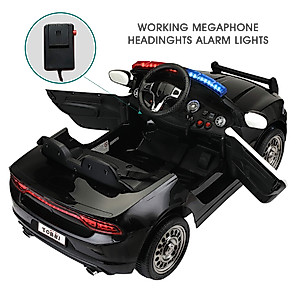 TOBBI 12V Kids Police Car Ride on with Remote Control, Battery Powered Vehicle Electric Car for Kids w/Siren Flashing Light, Megaphone, Car Keys, USB, Music, Spring Suspension, Pull Rod, Black