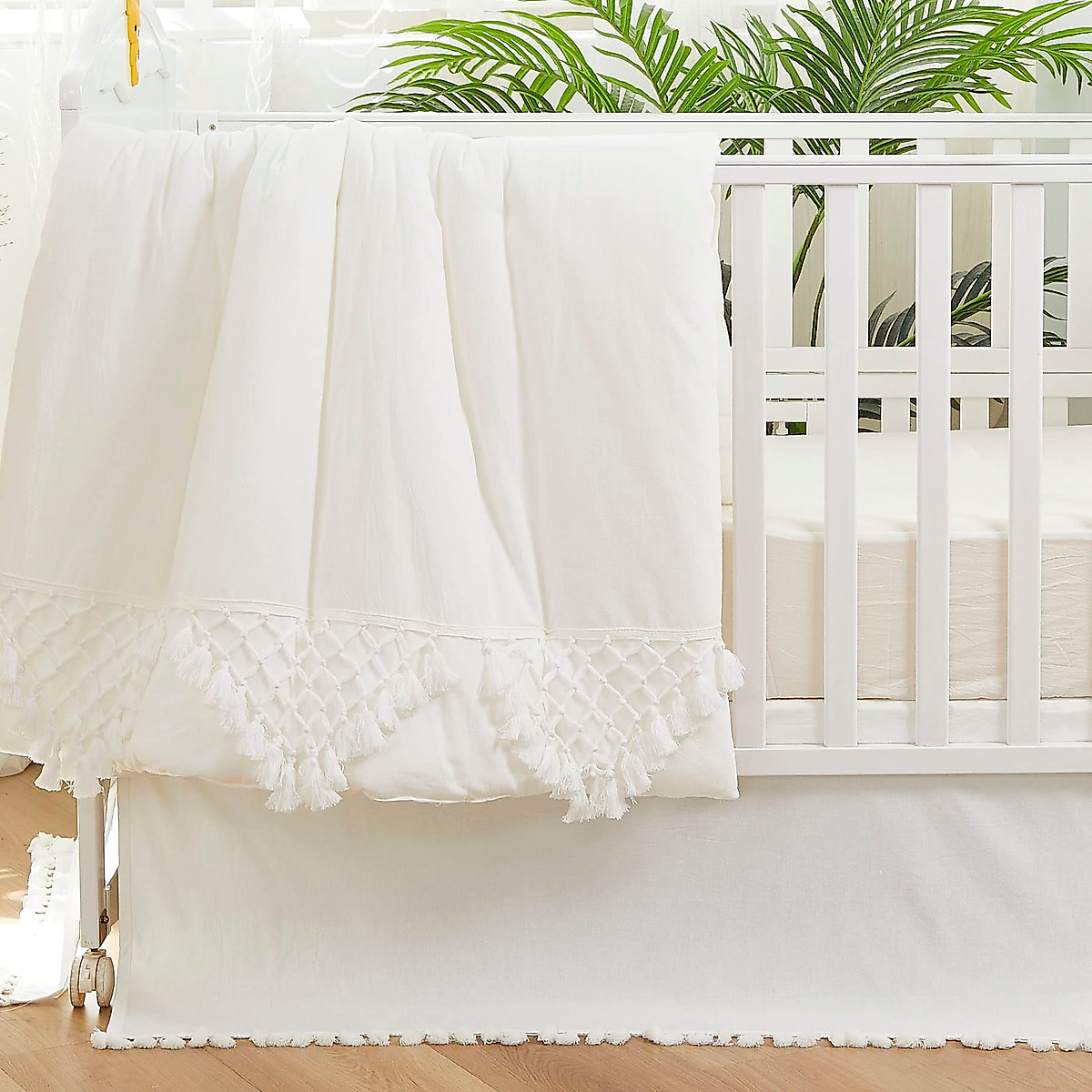 Brandream Gender Neutral Boho Bohemian Baby Girl Boy Nursery Crib Bedding Set 3 Pieces Solid White Farmhouse Chic Unisex Minimalist Tassel Fringe Macrame Cozy 100% Washed Cotton