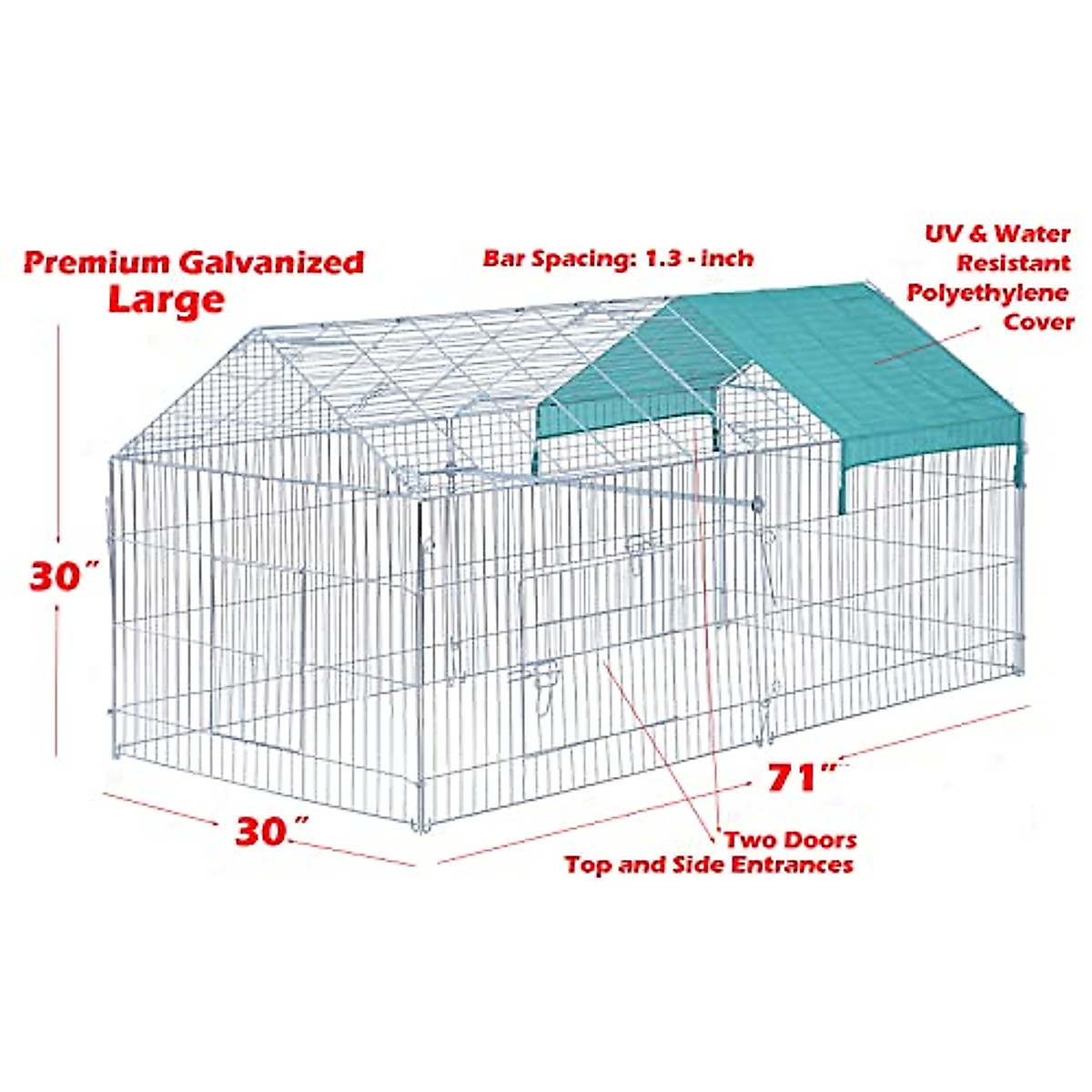 71" x 30" Galvanized Steel Foldable Outdoor Chicken Coop Run Metal Pet Hutch Enclosure Small Animal Playpen Waterproof Cover for Rabbits Chickens