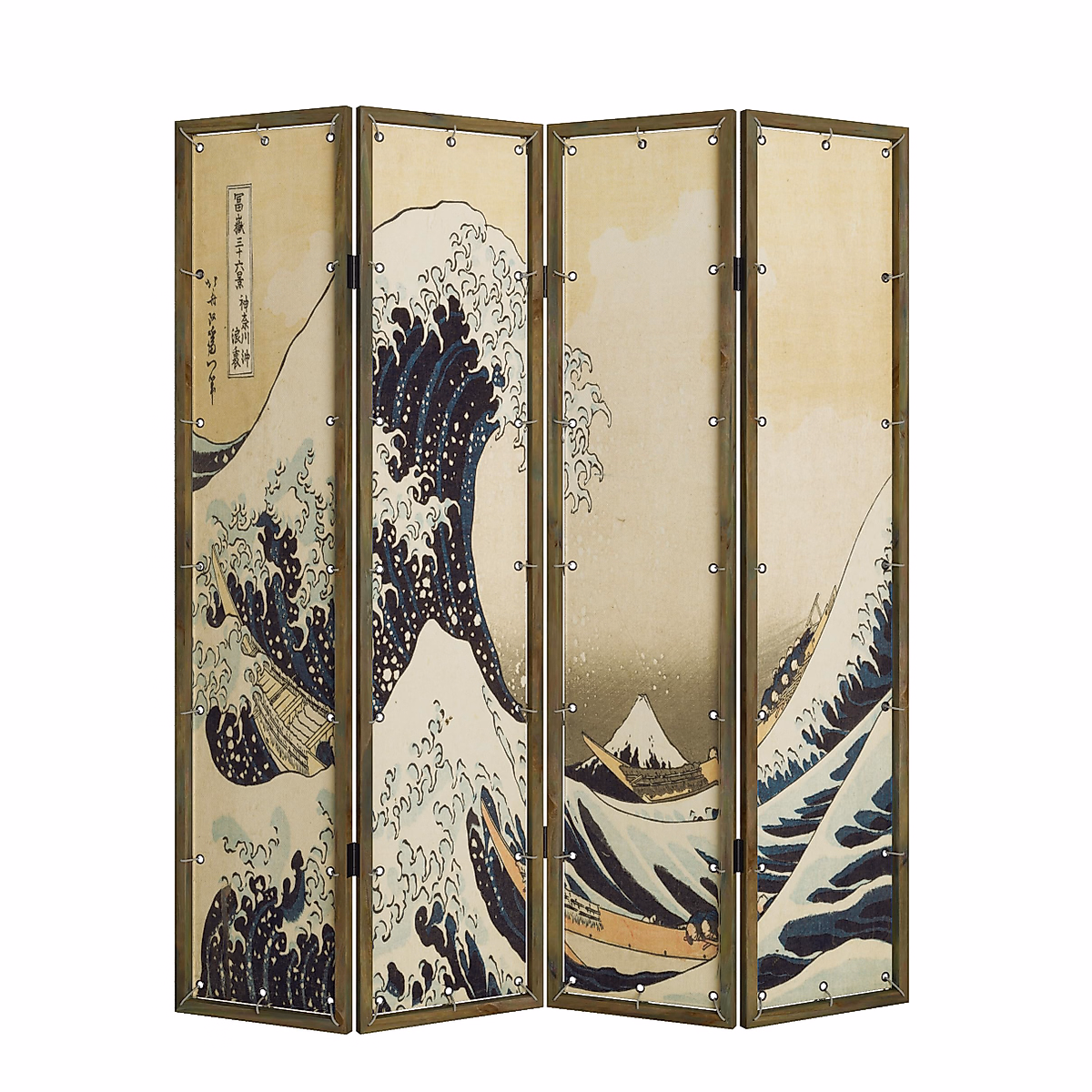 HOZUSO Room Divider 4 - Panel Folding Room Divider Single Side Japanese Ukiyoe Painting Wood Privacy Screens Foldable Portable Room Separating Room Partitions Freestanding Home Decor 71'' High