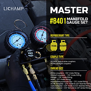 LICHAMP AC R1234YF R134A Gauge Set, Automotive 4 Valve Manifold Gauge Compatible with R1234YF and R134A Refrigerants, Works on Car Freon Charging and Evacuation