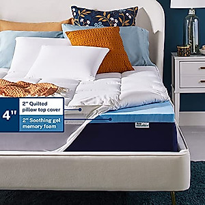 Sleep Innovations Dual Layer 4 Inch Memory Foam Mattress Topper, Queen Size, Medium Support, 2 Inch Cooling Gel Memory Foam Plus 2 Inch Pillow Top Cover