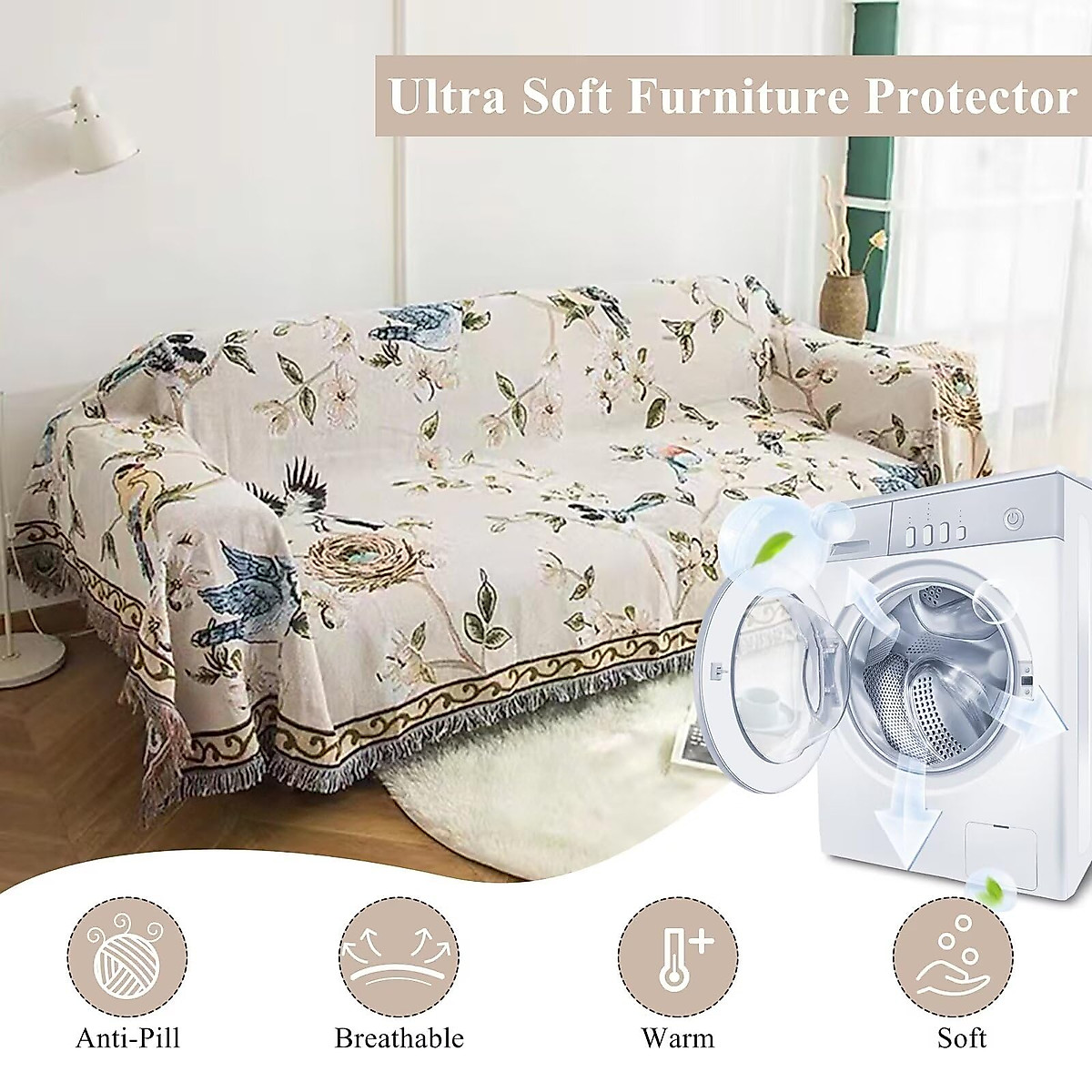 VClife Boho Couch Cover Cotton Linen Beige Sofa Cover Vintage Floral Birds Couch Cover for 2 Cushion Couch Sofa Dog Pet Friendly Non-Slip Loveseat Cover Futon Cover Sofa Cover with Tassel 71"x 118"