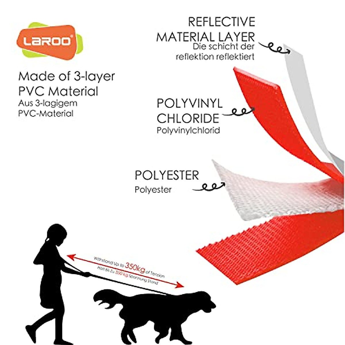 LaRoo Long Dog Leash 32 Feet with Reflective Strip, Waterproof Dog Training Leads Heavy Duty Nylon Recall Lead, Long Line Leash for Pet Puppy Medium Large Dog Training Camping Playing