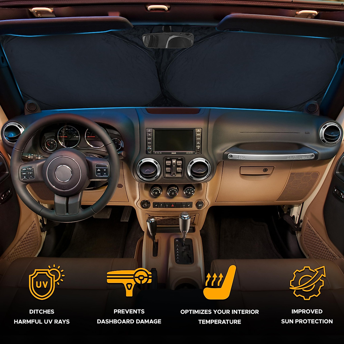 EcoNour Jeep Windshield Sunshade | Sun Visor for UV Rays & Heat Protection | Suitable for Wrangler, Compass, Gladiator & Renegade | Accessories for Jeep Wrangler | X-Small - 60x21 inches