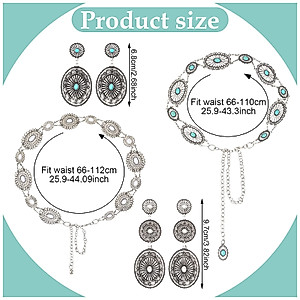 Newtay 4 Pcs Western Belts for Women Cowgirl Concho Belts Earrings Set Including 2 Metal Turquoise Belts 2 Pairs Dangle Earrings(White, Green)