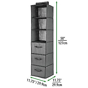 mDesign Long Soft Fabric Over Closet Rod Hanging Storage Organizer with 3 Shelves and 3 Drawers for Clothes, Leggings, Lingerie, T Shirts - Textured Print - Charcoal Gray