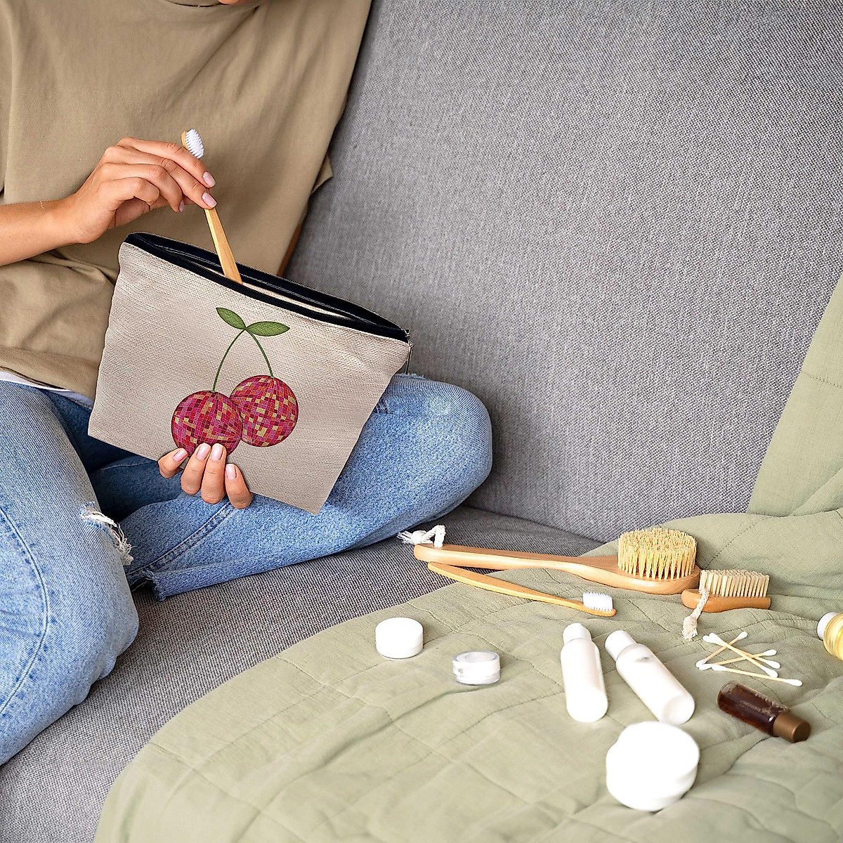 Nogrit Hot Pink Preppy Cherry Disco Ball Makeup Bag for Teen Girls & Women