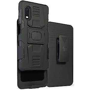 Case and Clip for Galaxy XCover Pro, Nakedcellphone [Black] Rugged Ring Grip Cover with Stand [Built-in Mounting Plate] and [Belt Hip Holster] for Samsung Galaxy XCover Pro Phone (SM-G715)