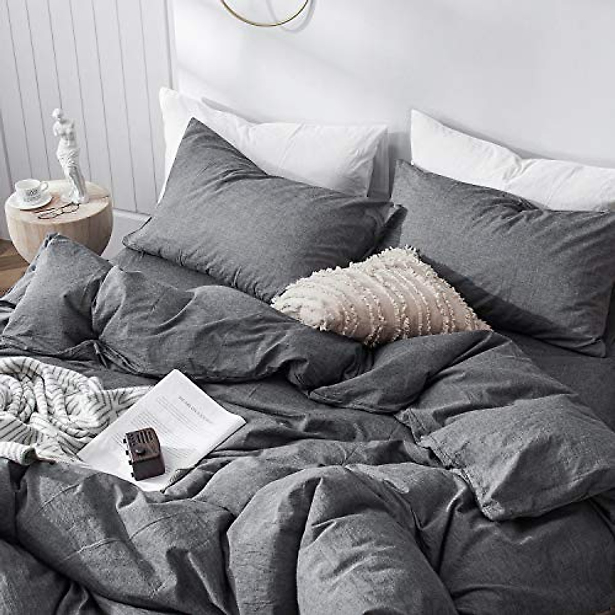 MooMee Bedding Duvet Cover Set 100% Washed Cotton Linen Like Textured Breathable Durable Soft Comfy (Dark Grey, King)