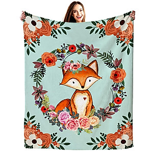 Fox Blanket Flower Fox Print Throw Blanket Super Soft Flannel Blankets Gifts for Kids Adults 60"x50"