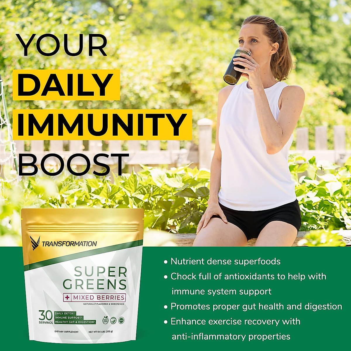 Super Greens Superfood Green Juice Powder - Immune & Energy Support | Made with Natural Ingredients | Detoxifying & Alkalizing Minerals - Spirulina, Chlorella, Wheatgrass, Spinach, Alfalfa & More (1)